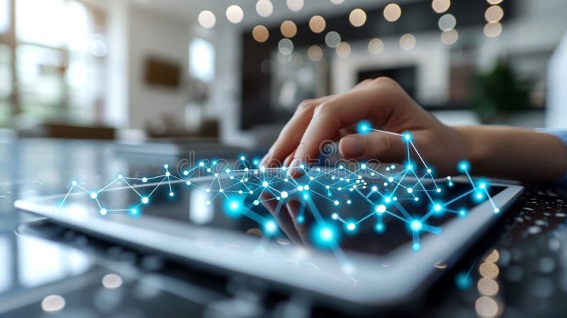 Hand Interacting with Digital Tablet Displaying Connected Network Nodes ...