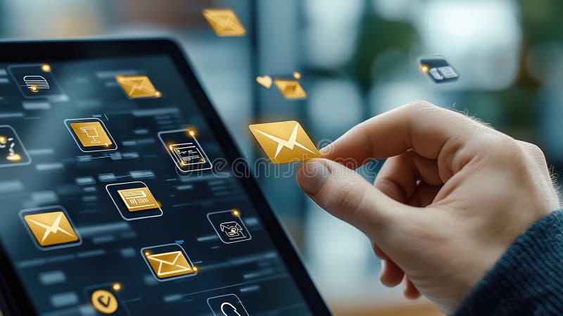 Hand Interacting with Digital Tablet Displaying Floating App Icons in ...