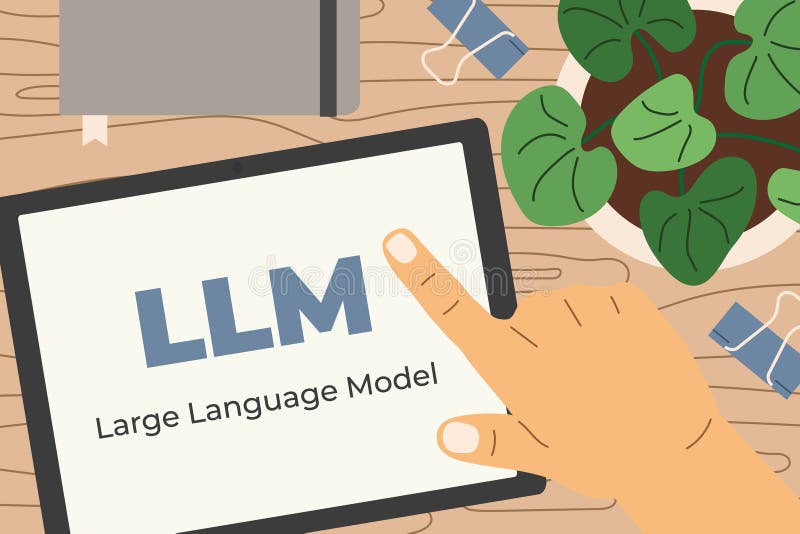 Hand Interacting with a Digital Tablet Displaying LLM Symbolizing Artificial Intelligence ...