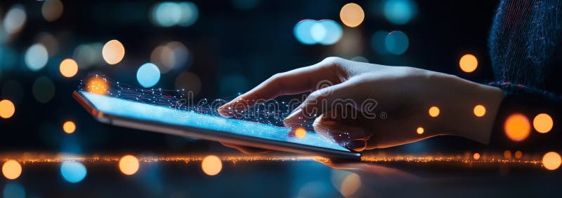 Hand Interacting with Digital Tablet Under Beautiful Bokeh Lights Stock ...