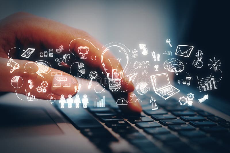 A Hand Interacting with Digitally Drawn Creative Icons and Symbols ...