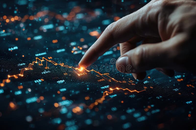 Hand Interacting Digitally with Glowing Financial Data Charts and ...