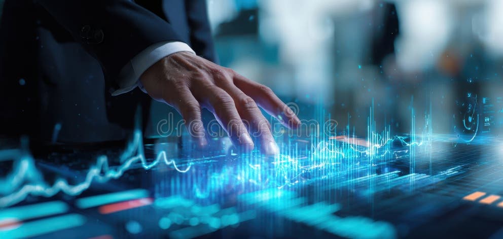 The Hand Interacting with a Futuristic Data Visualization Interface in a Modern Workspace. AI ...