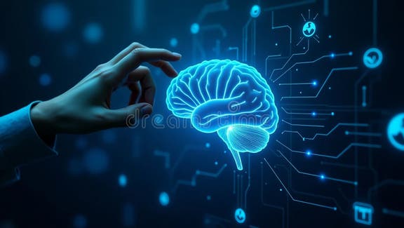 Hand Interacting with Futuristic Digital Artificial Intelligence Brain ...