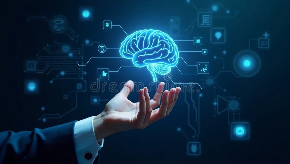 Hand Interacting with Futuristic Digital Artificial Intelligence Brain ...