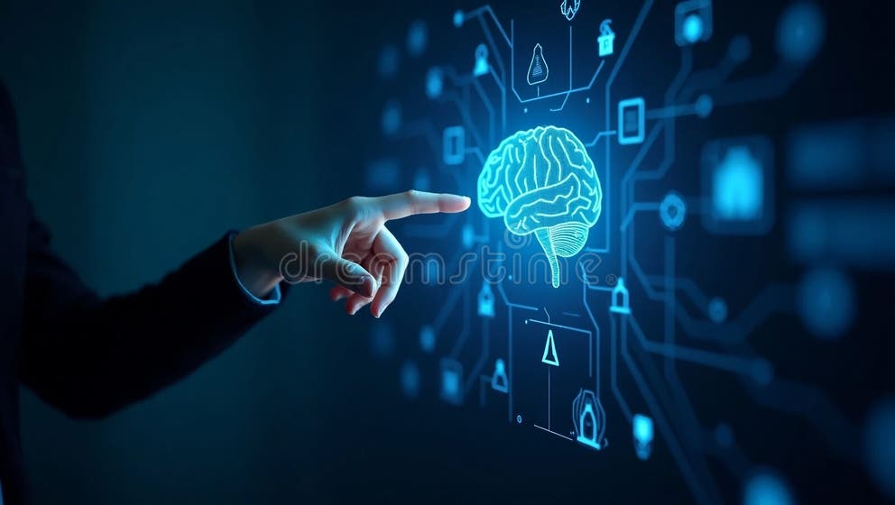 Hand Interacting with Futuristic Digital Artificial Intelligence Brain ...