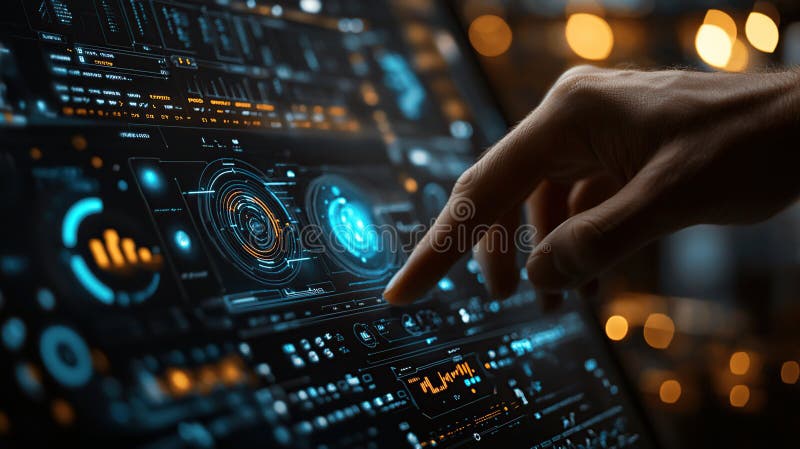 Hand Interacting with Futuristic Digital Dashboard Display in a Modern ...