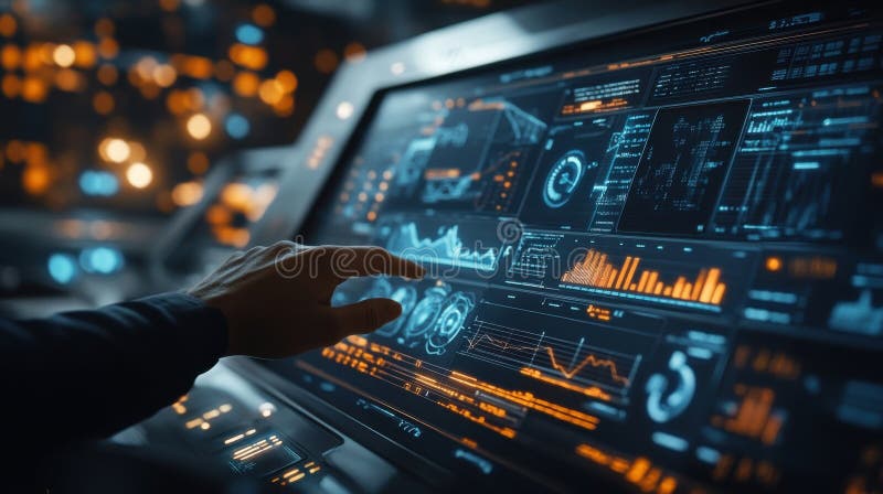 Hand Interacting with Futuristic Digital Data Dashboard on Touchscreen ...