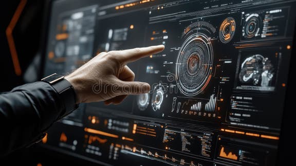 Hand Interacting with Futuristic Digital Interface Displaying Data Visualizations and Analytics ...