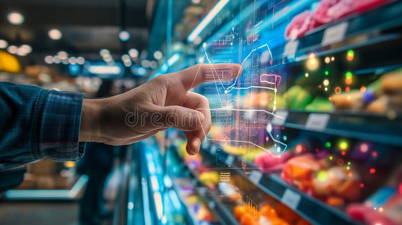 Hand Interacting with Futuristic Digital Interface at a Grocery Store ...