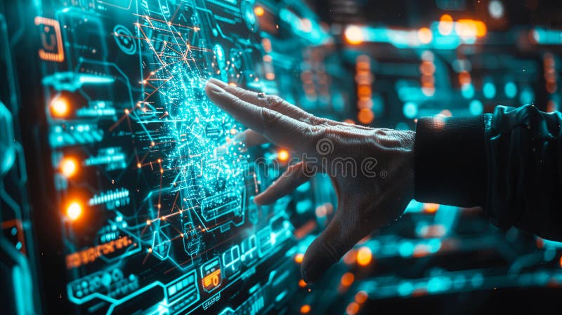 Hand Interacting with Futuristic Digital Interface in a High-tech ...
