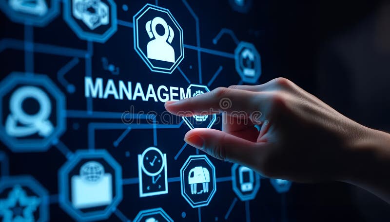 Hand Interacting with Futuristic Digital Management Interface Stock ...