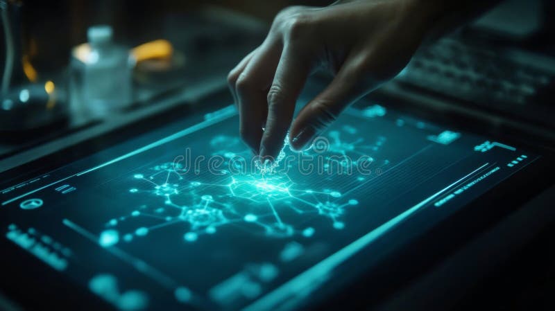 Hand Interacting with Futuristic Digital Network Display Stock ...