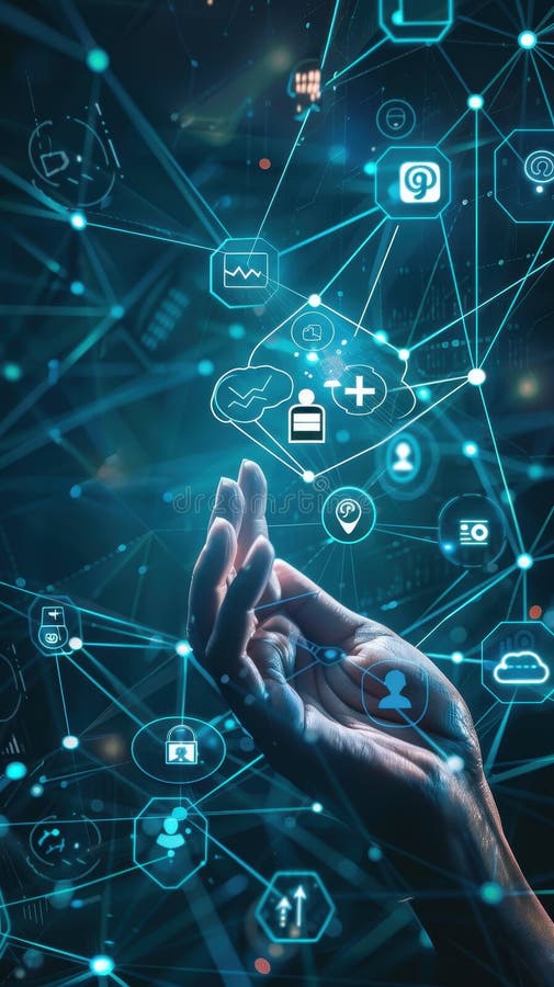 Hand Interacting with a Futuristic Digital Network of Icons Stock ...