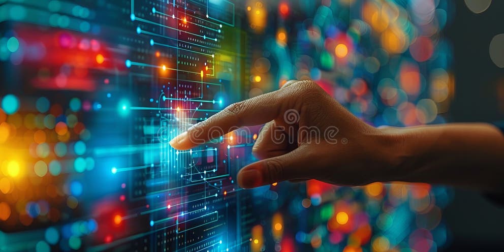 Hand Interacting with a Futuristic Digital Touchscreen, Featuring ...