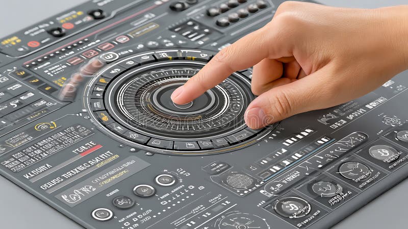 Hand Interacting with Futuristic Grey Touchscreen Control Panel Stock ...