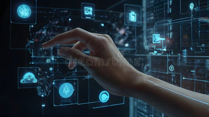 A Hand Interacting with a Futuristic Holographic Interface Stock ...