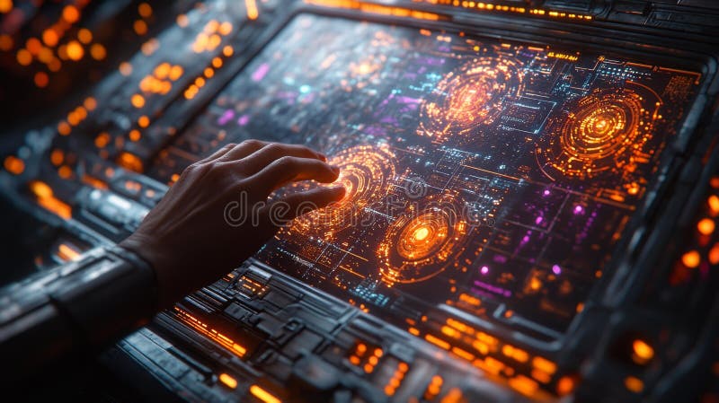 Hand Interacting with Futuristic Interface on a Digital Control Panel Generative AI Stock ...