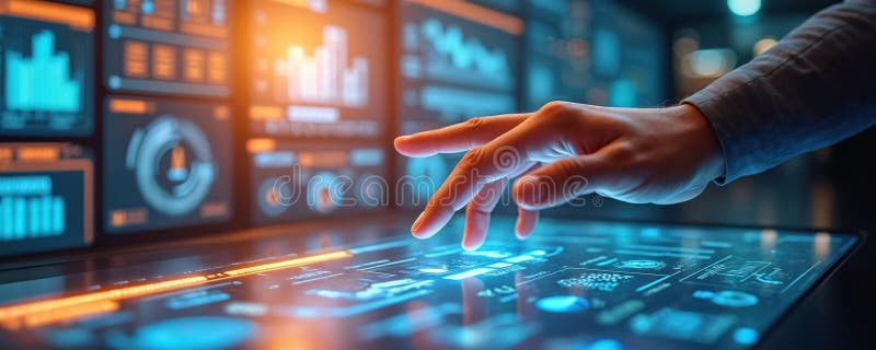 Hand Interacting Futuristic Interface with Glowing Touchpoints. Interactive Show Display, Modern ...