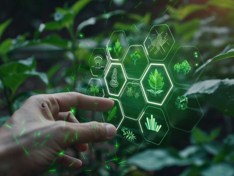 Hand Interacting with Futuristic Plant Technology Interface Stock ...
