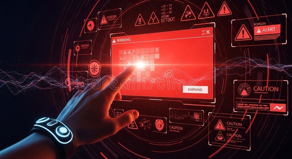 Hand Interacting with a Futuristic Red Interface Displaying Warning and ...