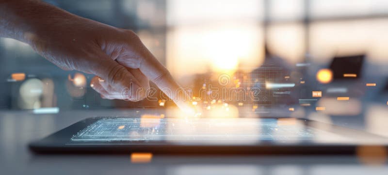 The Hand Interacting with a Futuristic Tablet in a Modern Workspace. AI ...