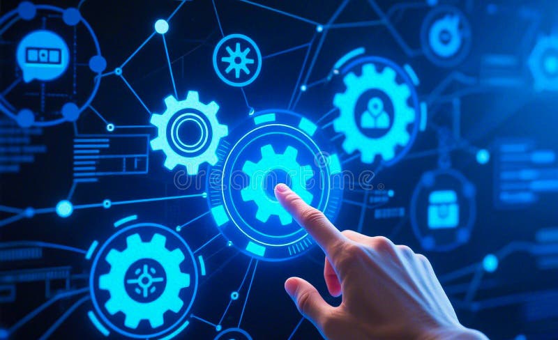 Hand Interacting with Futuristic Tech Interface Featuring Gears and ...