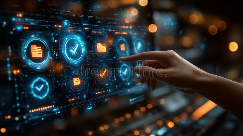 A Hand Interacting with a Futuristic Touchscreen Displaying Digital ...