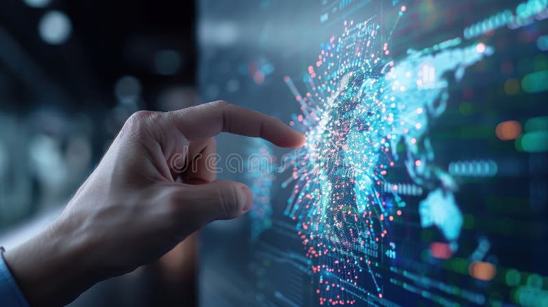 Hand Interacting with Global Data Network on Screen Stock Illustration ...