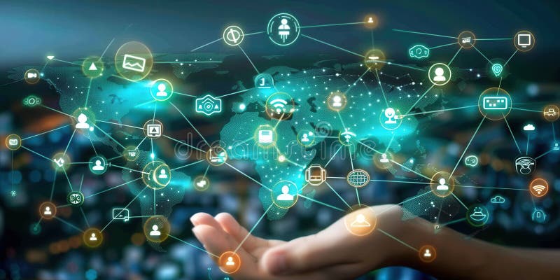 A Hand Interacting with a Global Network of Connected Icons Stock ...