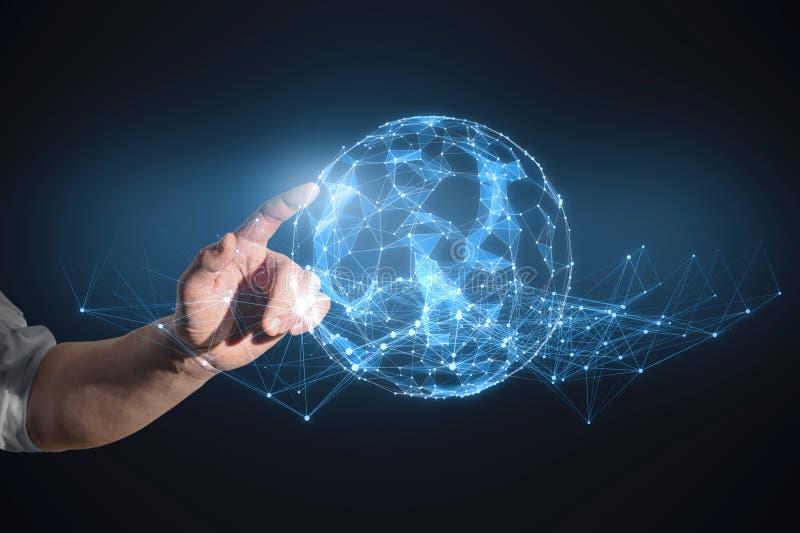 Hand Interacting with a Global Network Interface, Symbolizing Worldwide ...