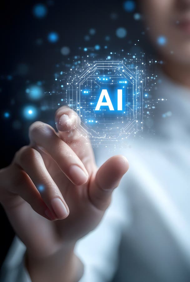 Hand Interacting with Glowing AI Icon, Futuristic Digital Interface for ...