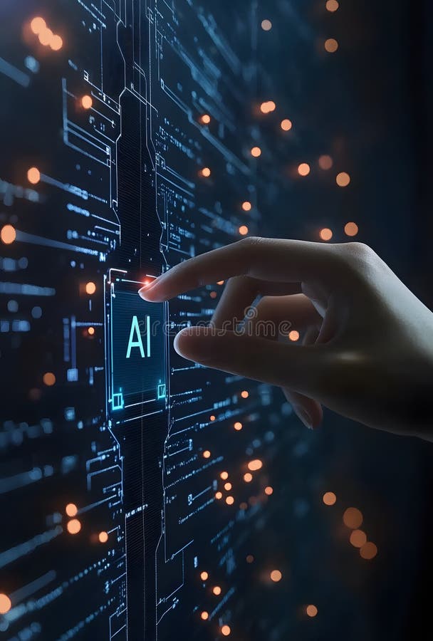 Hand Interacting with Glowing AI Icon Futuristic Digital Interface for ...
