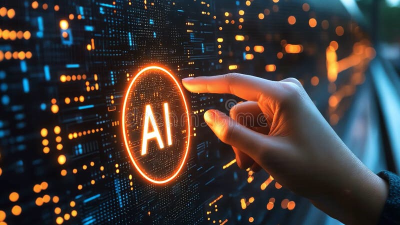 Hand Interacting with Glowing AI Symbol on Digital Interface Showcasing ...
