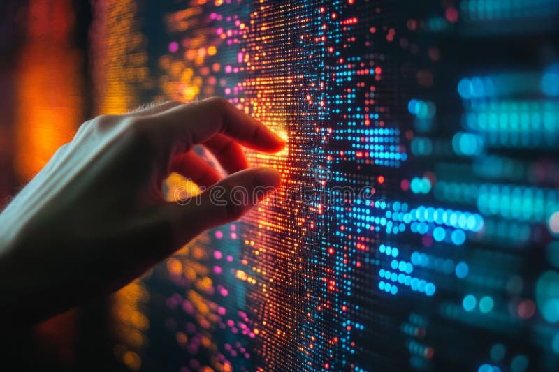 Hand Interacting with Glowing Big Data Screen, Visualizing Complex ...