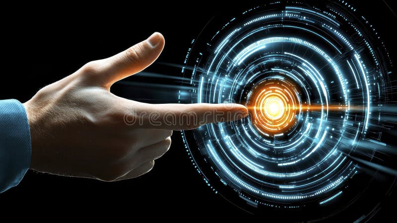 Hand Interacting with Glowing Blue and Orange Digital Interface Stock ...
