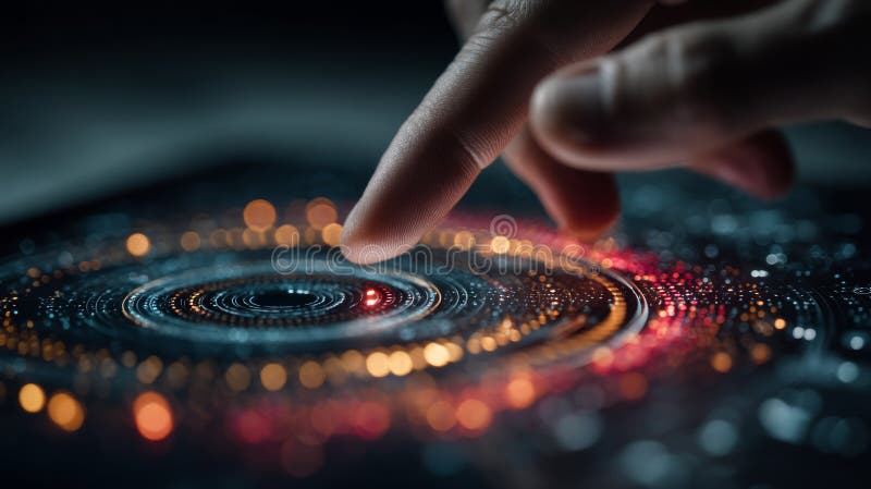 Hand Interacting with Glowing Circular Data UI Stock Image - Image of ...