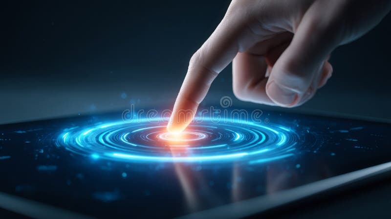 Hand Interacting with Glowing Circular Data UI Stock Image - Image of ...