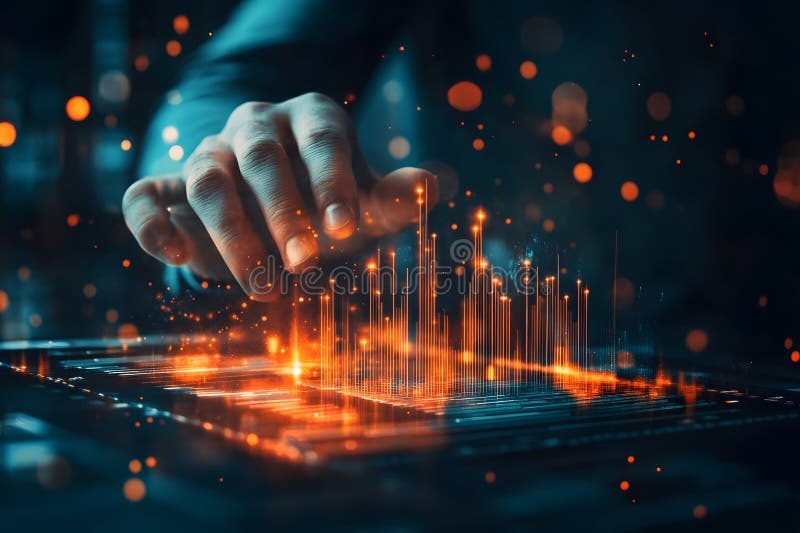 Hand Interacting with Glowing Digital Data Lines Stock Illustration ...