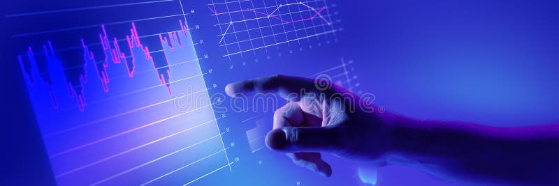 Hand Interacting with Glowing Digital Financial Charts in Blue ...