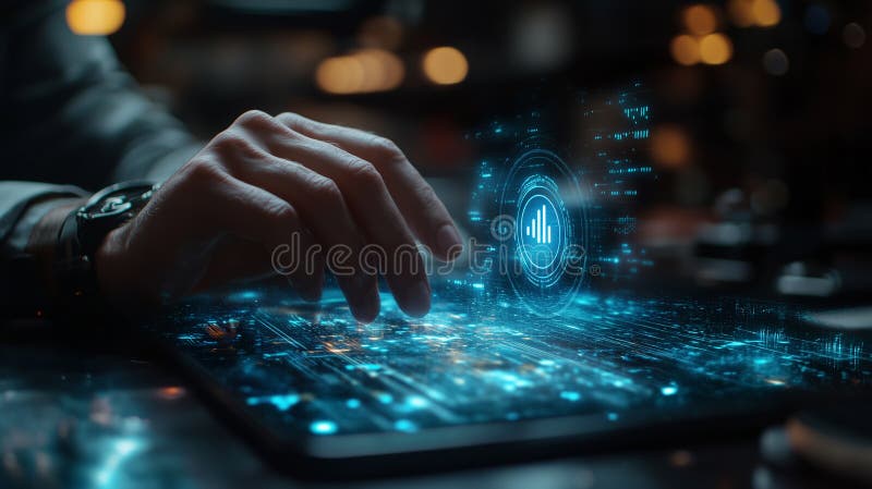 Hand Interacting with Glowing Digital Interface on a Futuristic Device ...