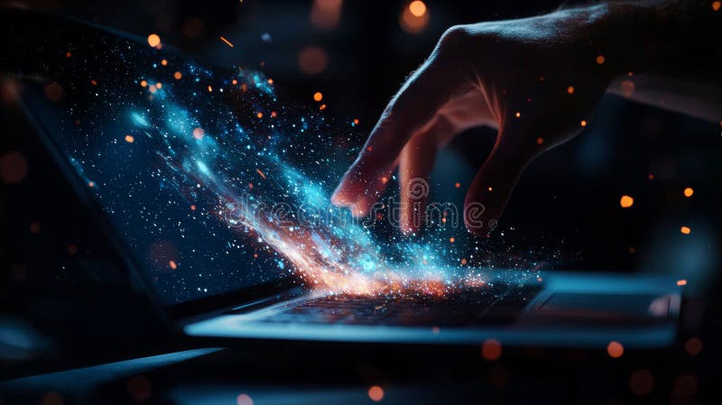 Hand Interacting with a Glowing Digital Keyboard and Data Particles ...