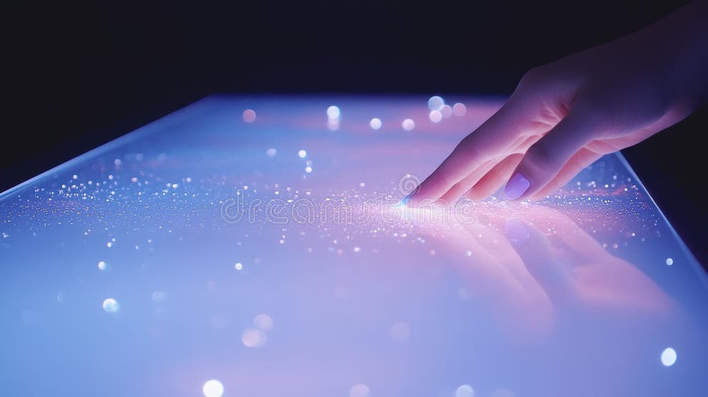 Hand Interacting with Glowing Interactive Surface in Futuristic ...