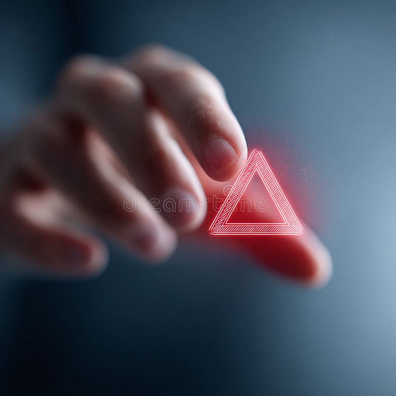 Hand Interacting with a Glowing Red Triangle. Symbolizes Warning, Alert ...