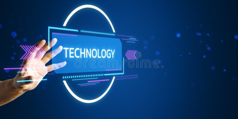 Hand Interacting with Glowing Technology Interface on Blue Background ...