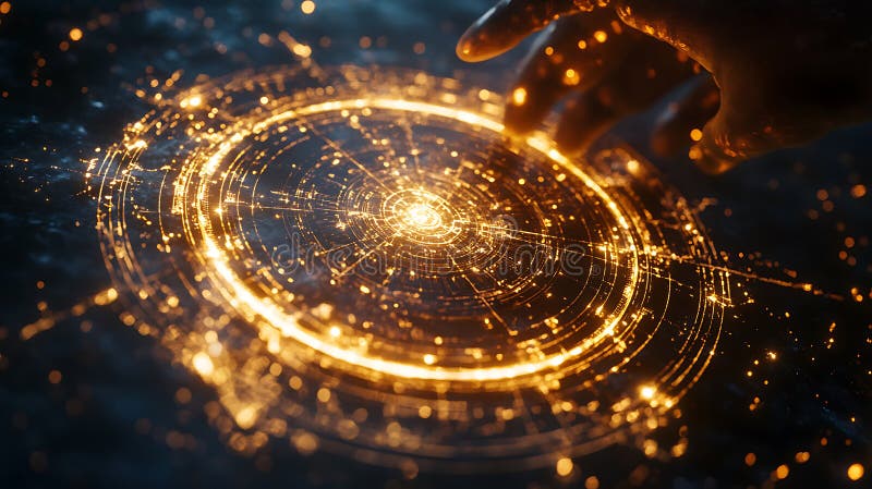 Hand Interacting with Golden Digital Technology Interface Showing Data ...