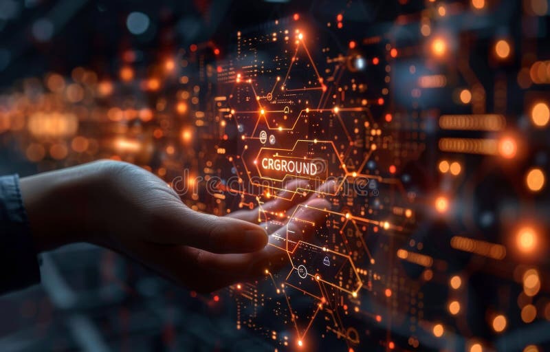 Hand Interacting with Advanced AI and CRM System Interface with Glowing ...