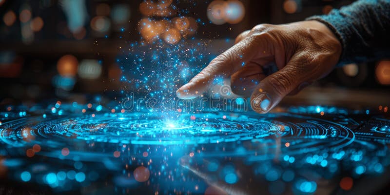 Hand Interacting with a Holographic Digital Interface with Blue Lights and Data Visualization ...