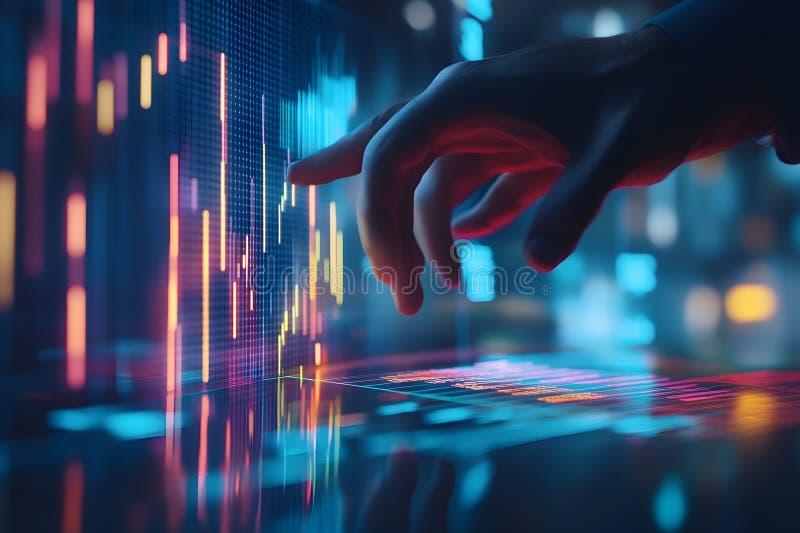 Hand Interacting with a Holographic Display Showing Data Visualization ...