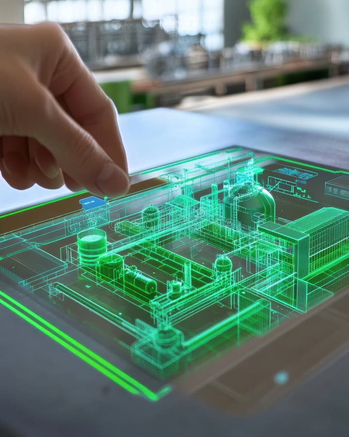 Hand Interacting with a Holographic Factory Design Stock Illustration ...